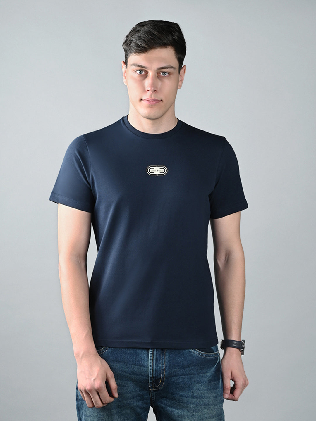 Men's Navy Blue Super Combed Cotton Printed T-shirt