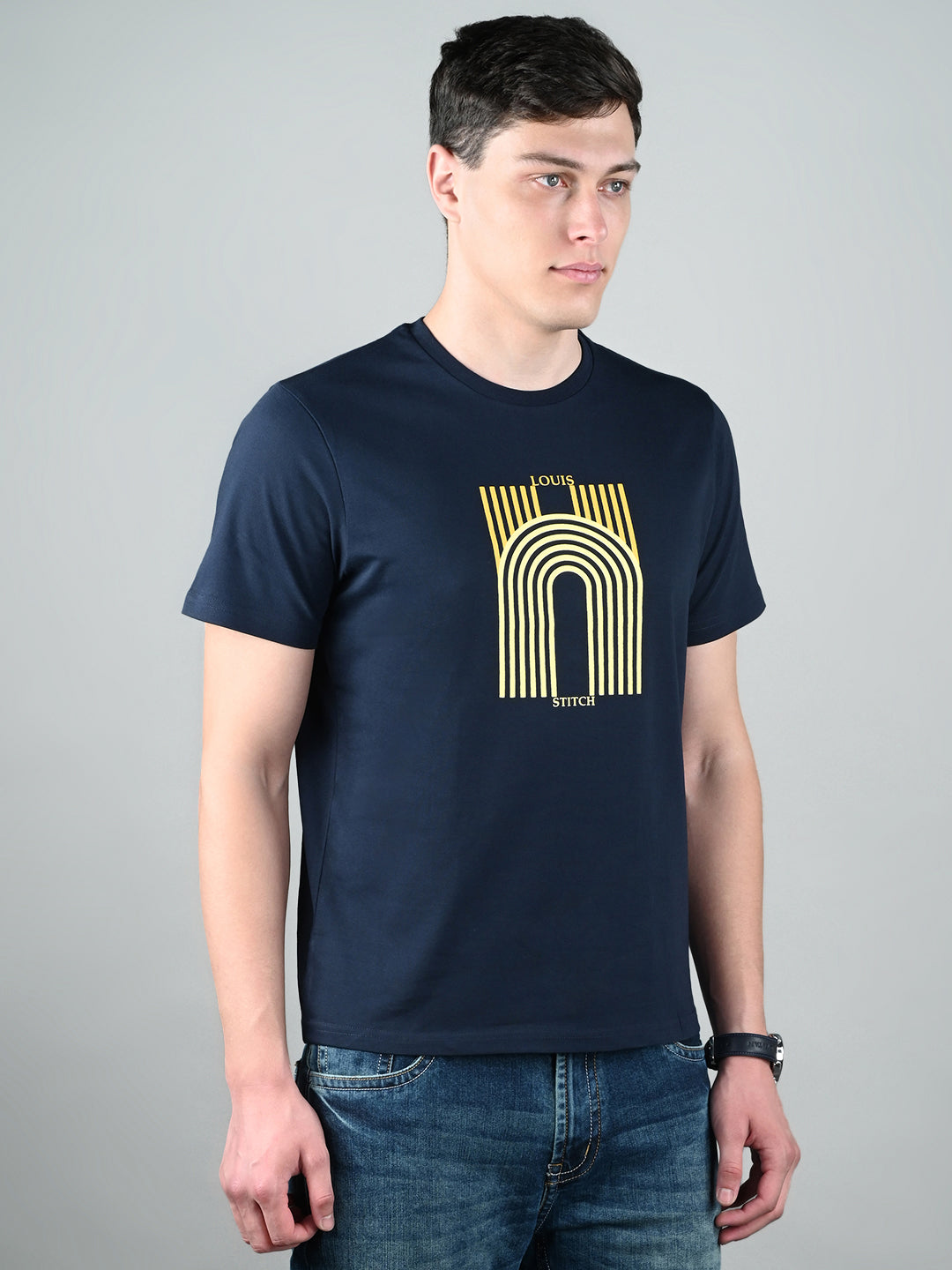 Men's Navy Blue Super Combed Cotton Printed T-shirt