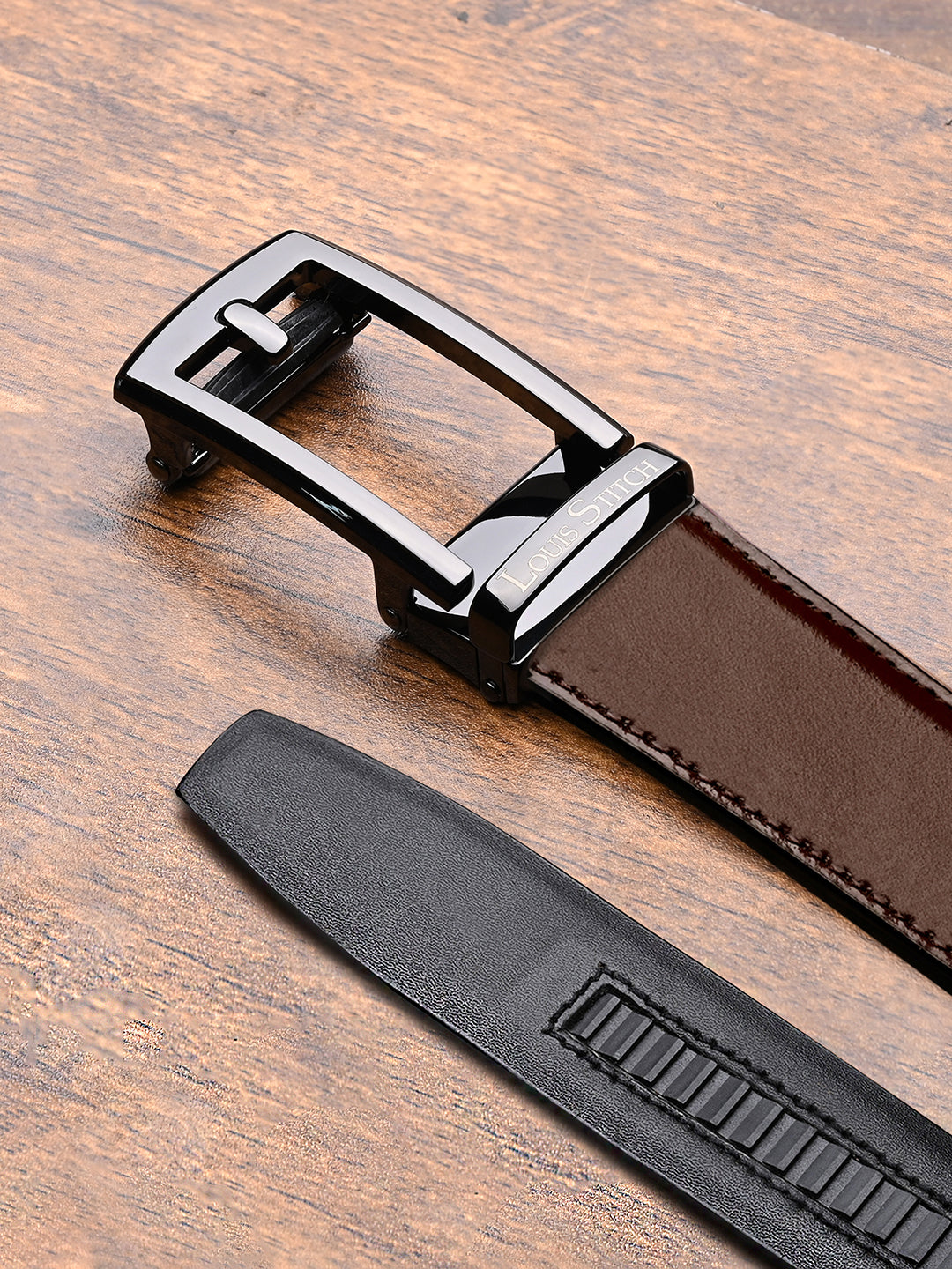Premium VT Leather Men's Gunmetal Black Buckle Auto Lock Belt