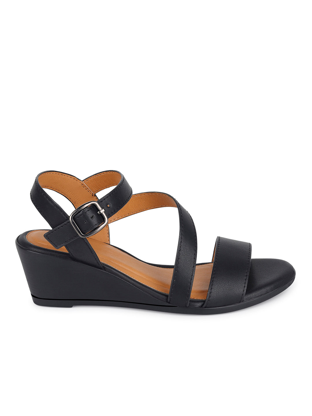 Women's Striped Wedge Heel Jet Black Lightweight Sandals
