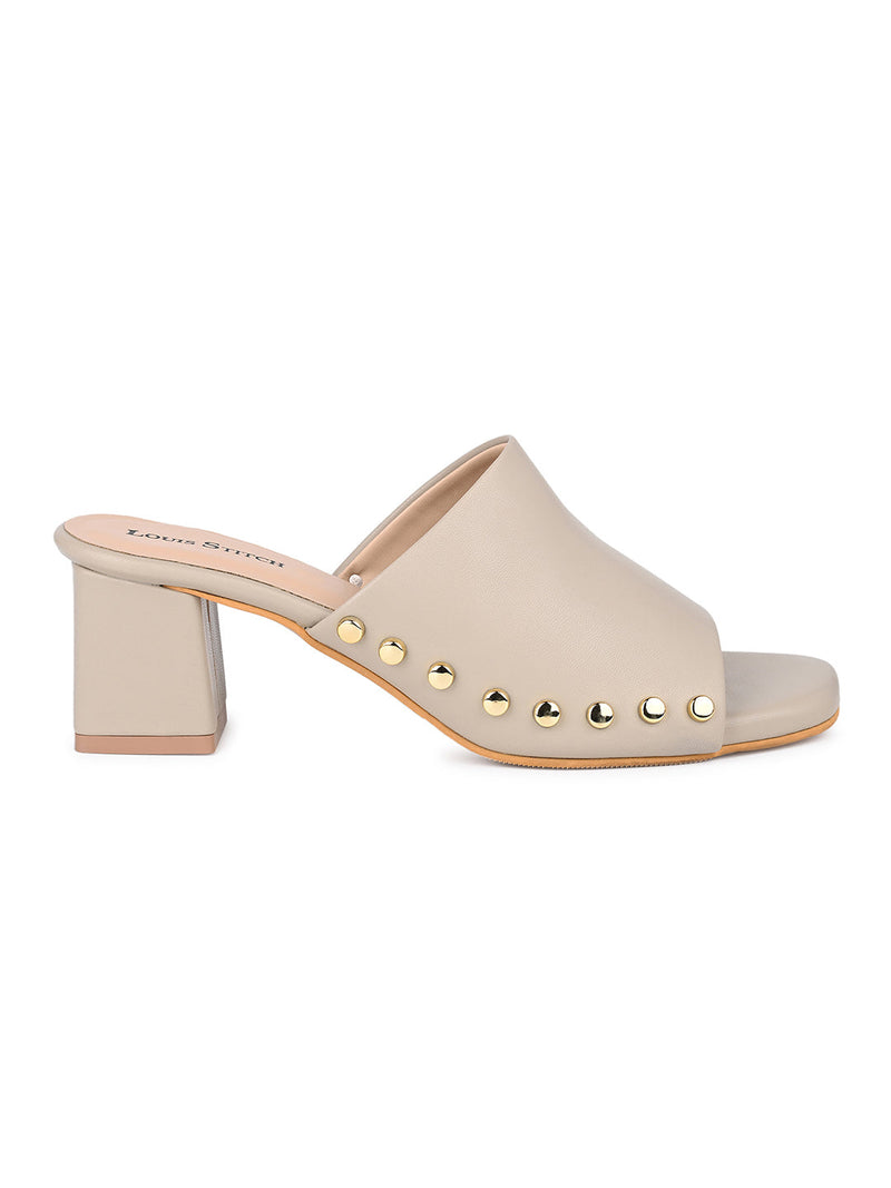Women's Beige Block Heel Side Studds Lightweight Sandals