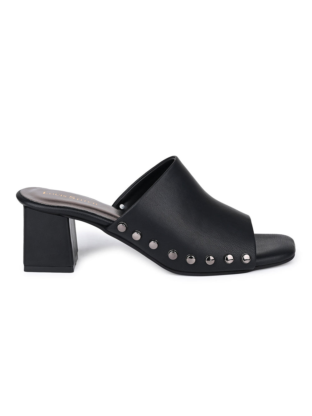 Women's Black Block Heel Side Studds Lightweight Sandals