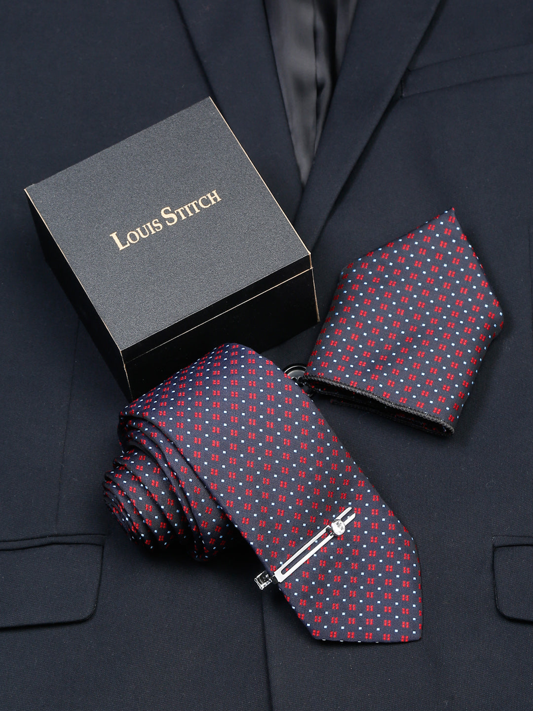 Buy Blue Dotted Necktie Set With Pocket Chrome Tie pin - Louis Stitch