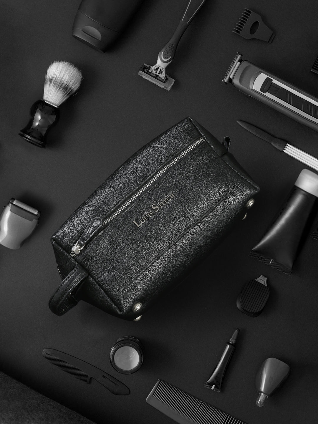 Men's Leather Toiletry Kit Pouch with Multiple Compartments
